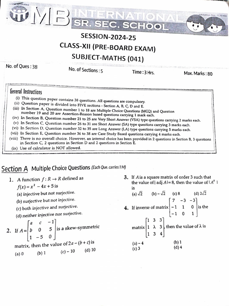 Class 12 Maths Pre-Board Paper | PDF | Circle | Equations