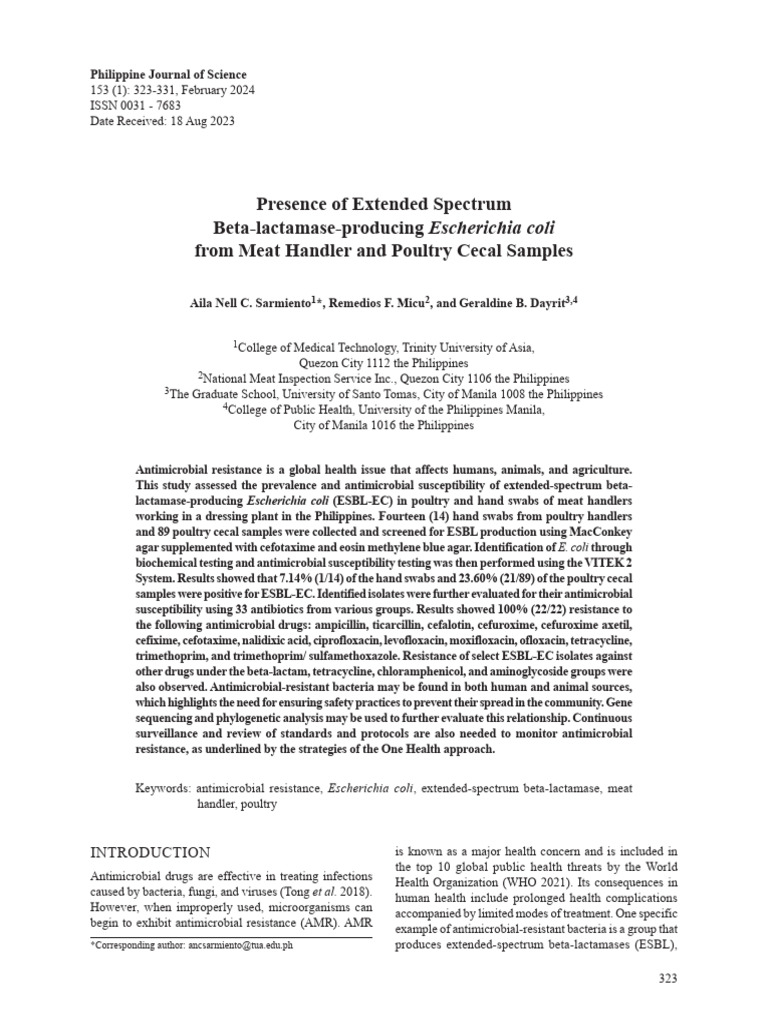 Presence of Extended Spectrum Beta-lactamase-producing E Coli From Poultry | PDF | Antimicrobial ...