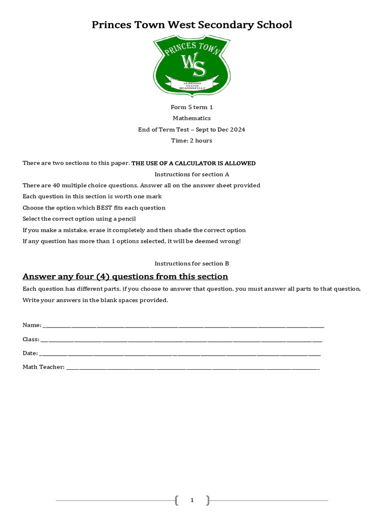 Form 5 EOT term 1 Math | PDF | Trigonometric Functions | Area