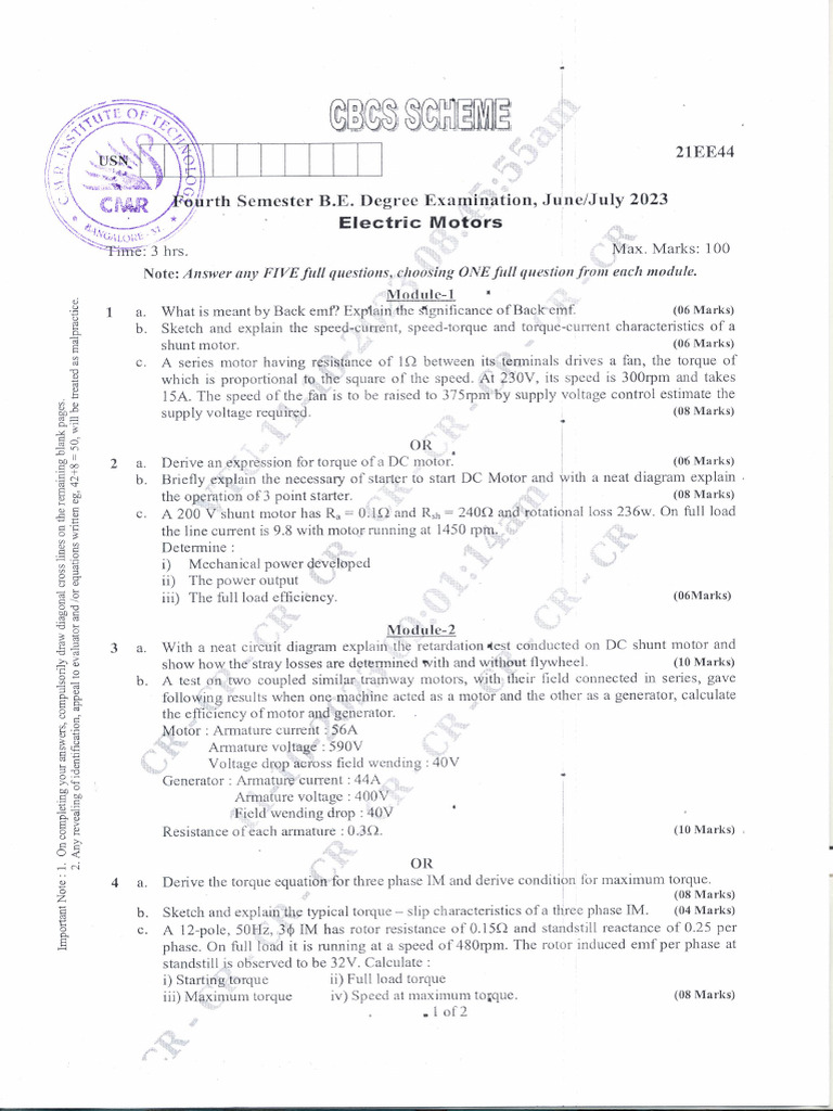 VTU Question Paper of 21EE44 Electric Motors June-July-2023 | PDF