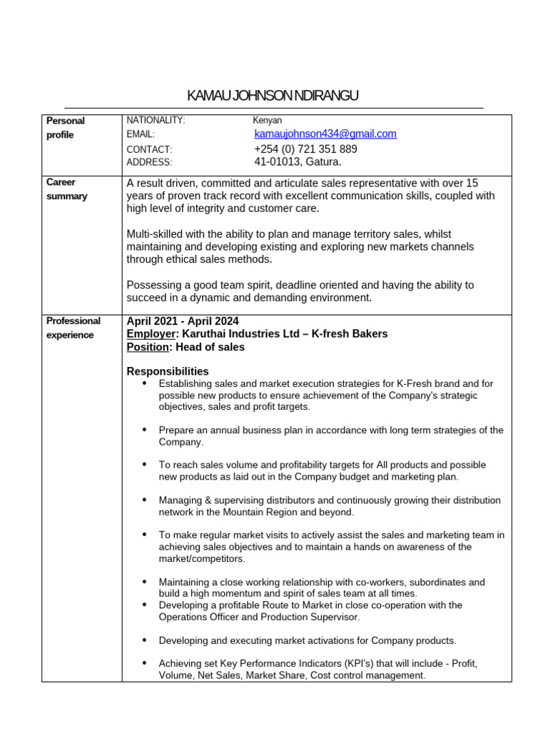 CURRICULUM_VITAE_2020__JOHNSON_KAMAU edit 1-1 (1) | PDF | Sales | Brand