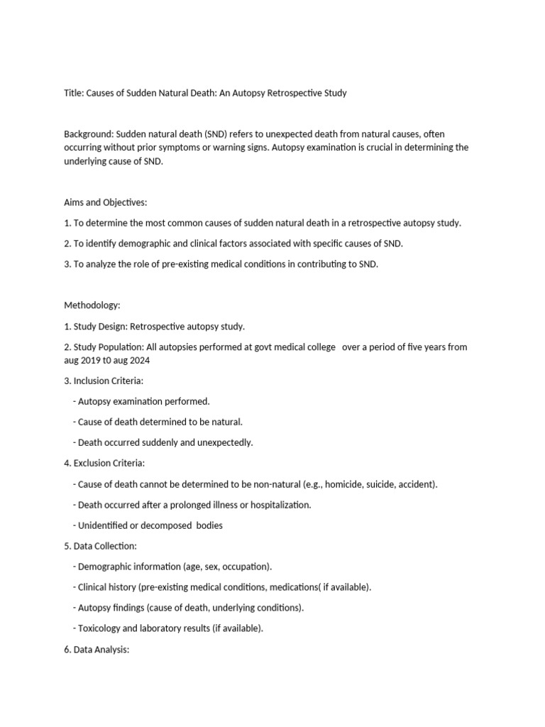 Protocol For Research Study Causes of Sudden Natural Death | PDF ...