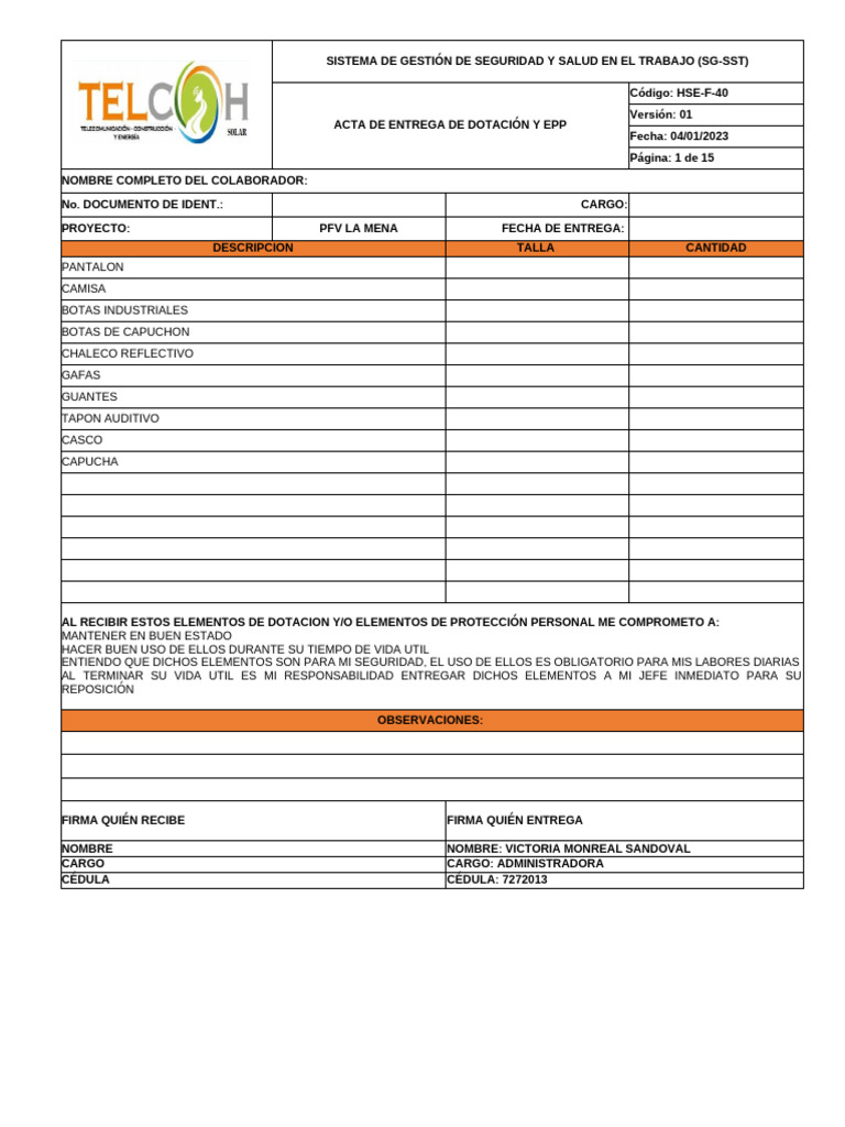 12 Acta de Entrega de Epp y Dotacion | PDF