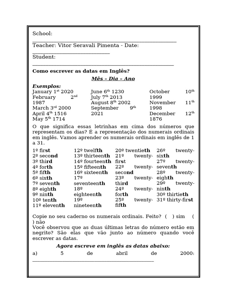 Atividade Ingles Datas 5 Ano | PDF
