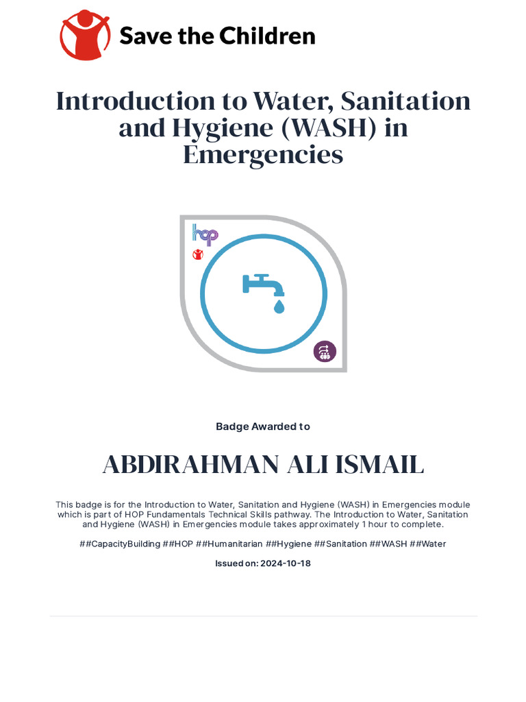 WASH in Emergencies Training Badge | PDF