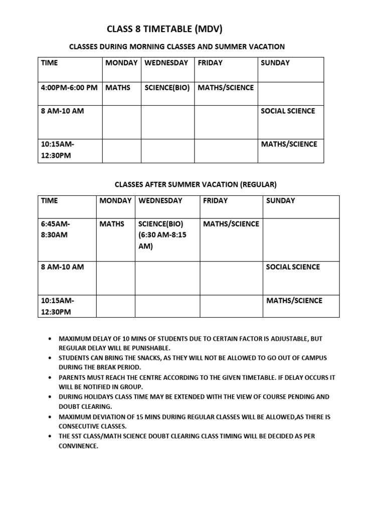 Class 8 Timetable 2025 (MDV) | PDF