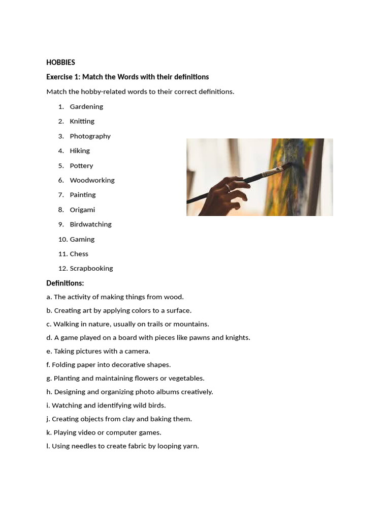 Hobbies Vocabulary Exercises | PDF | Hobbies | Scrapbooking