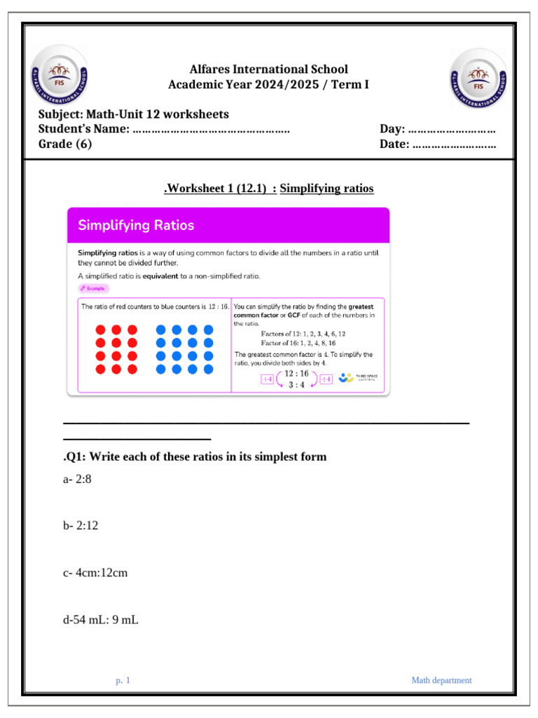 Grade 6 Math Ratios Worksheets | PDF | Ratio