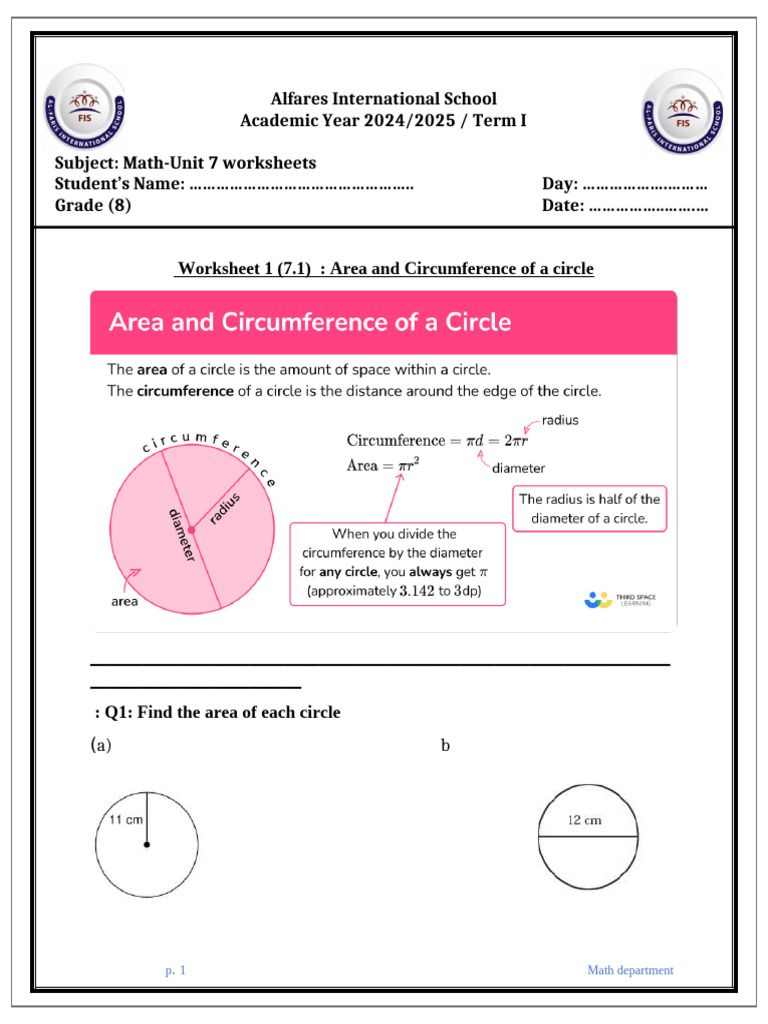 Grade 8 Unit 7 worksheets | PDF | Area | Mathematics