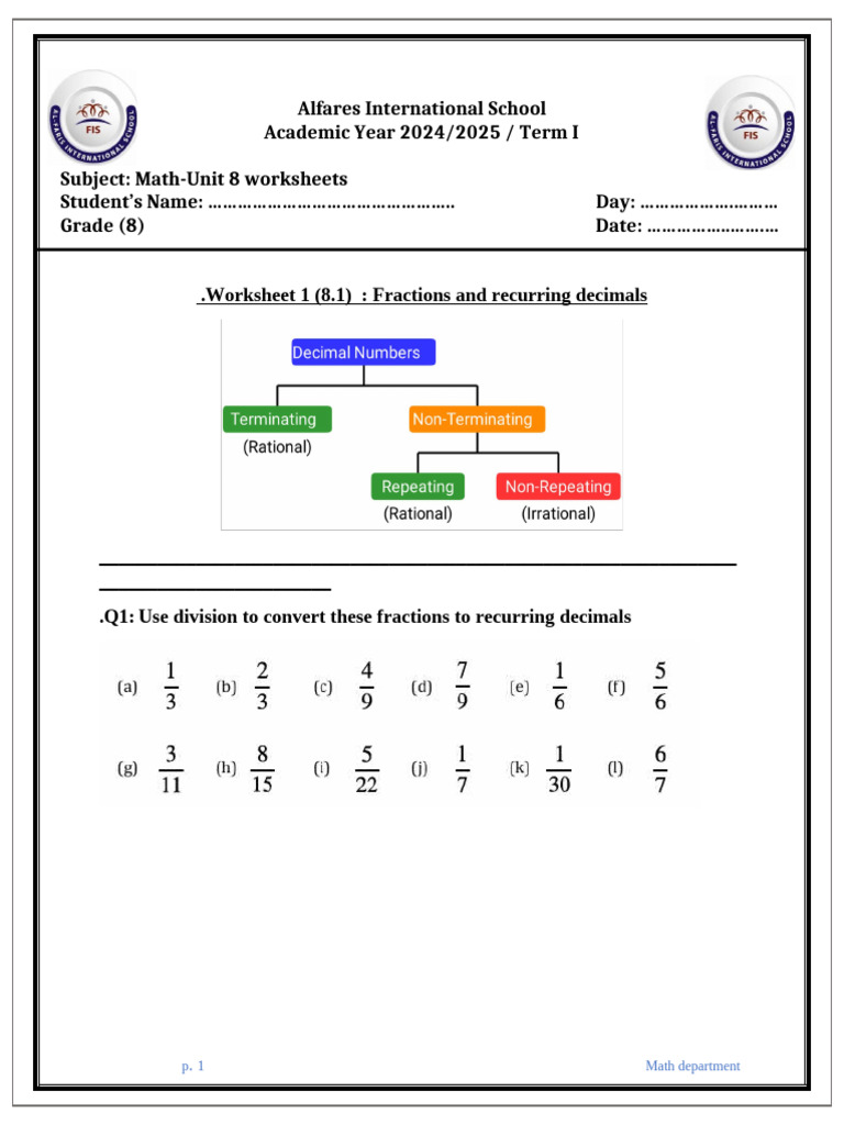 Grade 8 Unit 8 Worksheets | PDF | Decimal | Mathematical Notation
