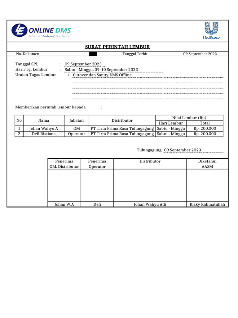 Form Surat Perintah Lembur | PDF