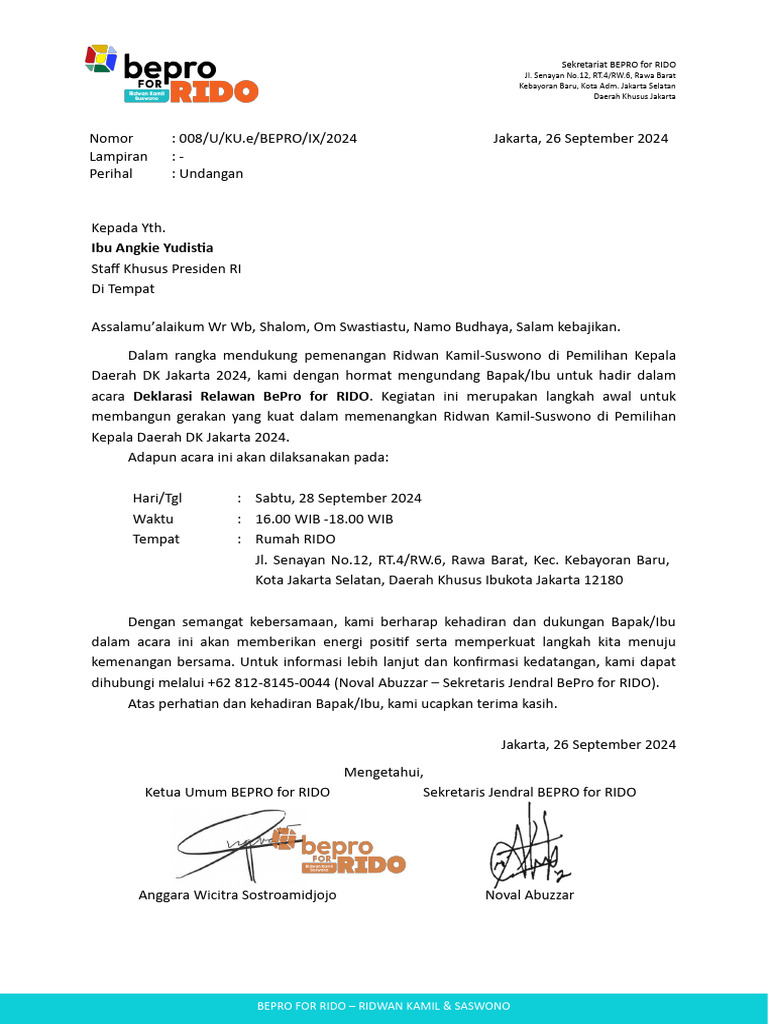 Undangan Deklarasi Relawan RIDO 2024 | PDF