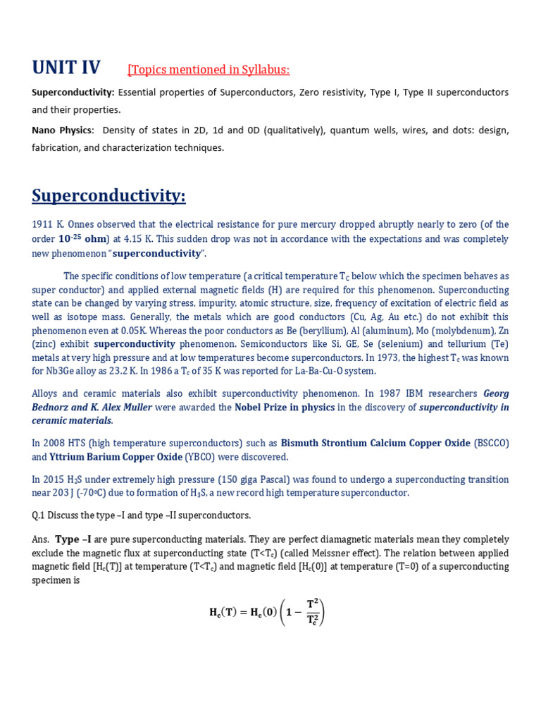 Unit IV Supercondcutivity and Nanophysics | PDF | Superconductivity | High Temperature ...
