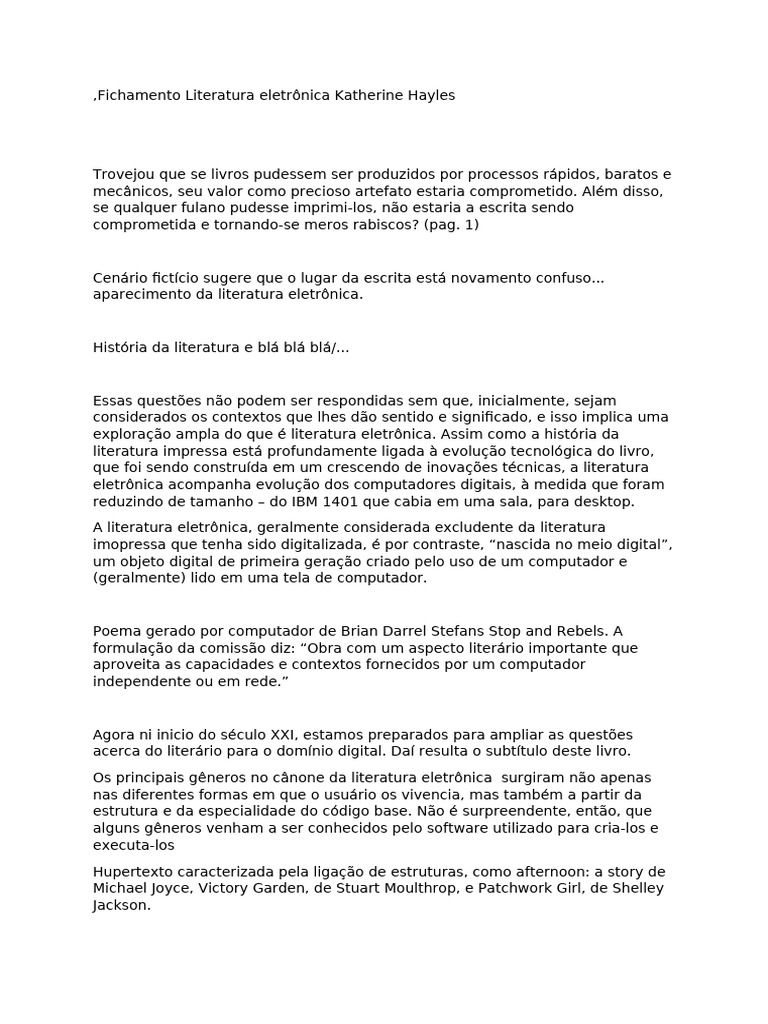 Fichamento Literatura Eletrônica Katherine Hayles | PDF | Livros ...