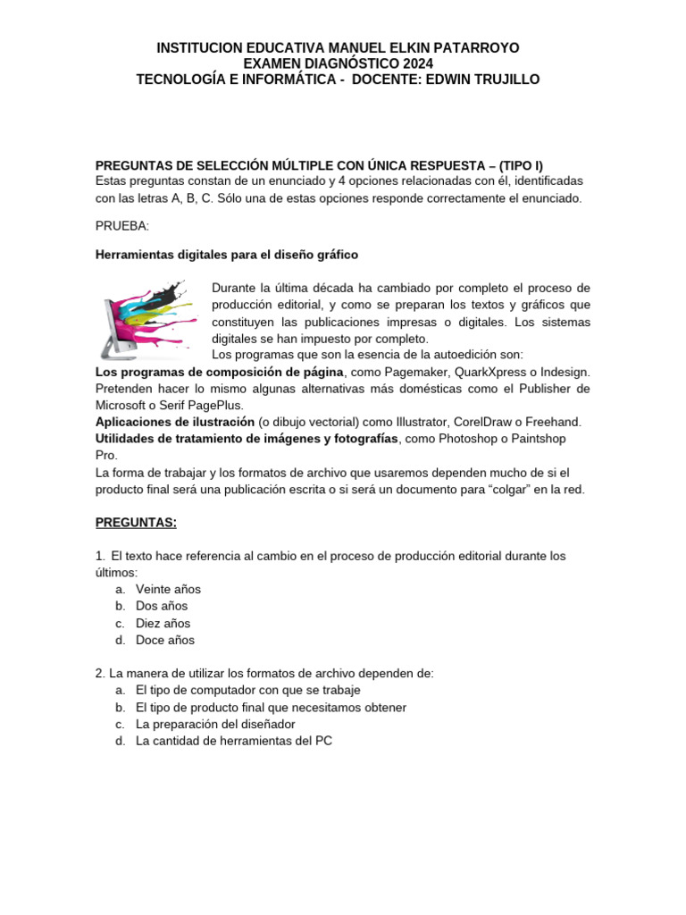 PRUEBA DE ENTRADA DECIMO | PDF | Informática