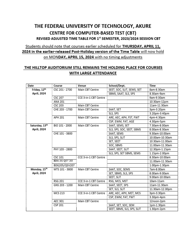 Revised Post holiday Cbt Time Table For First Semester 20232024 PDF