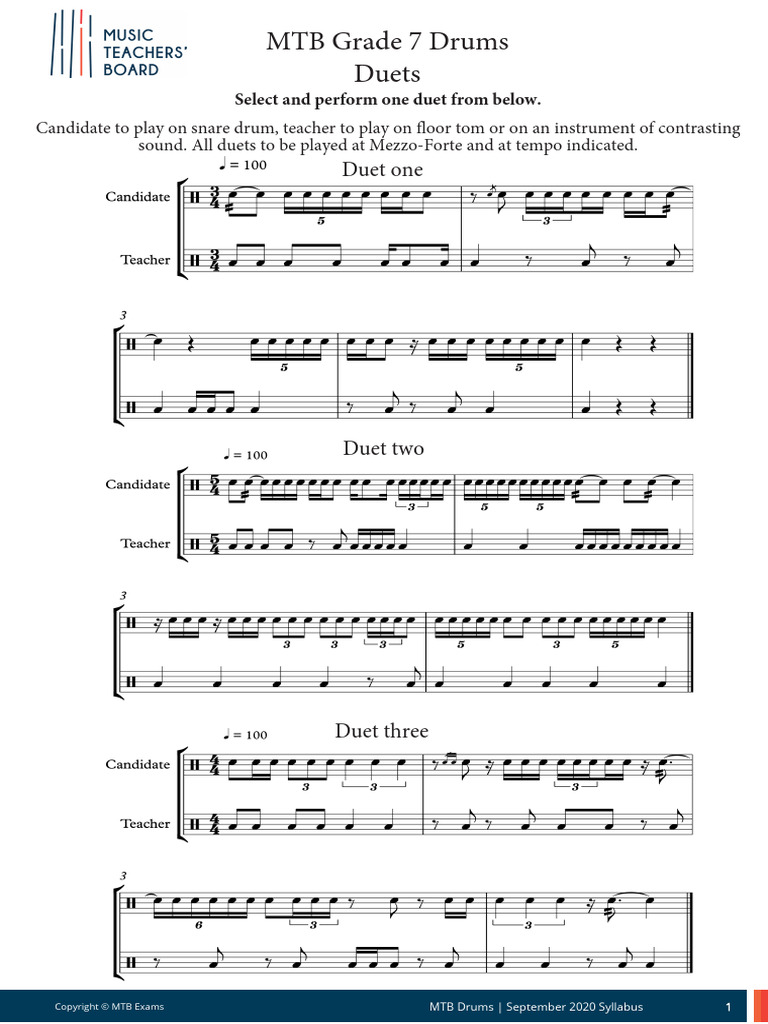 Drums Duets Grade 7 2020 | PDF