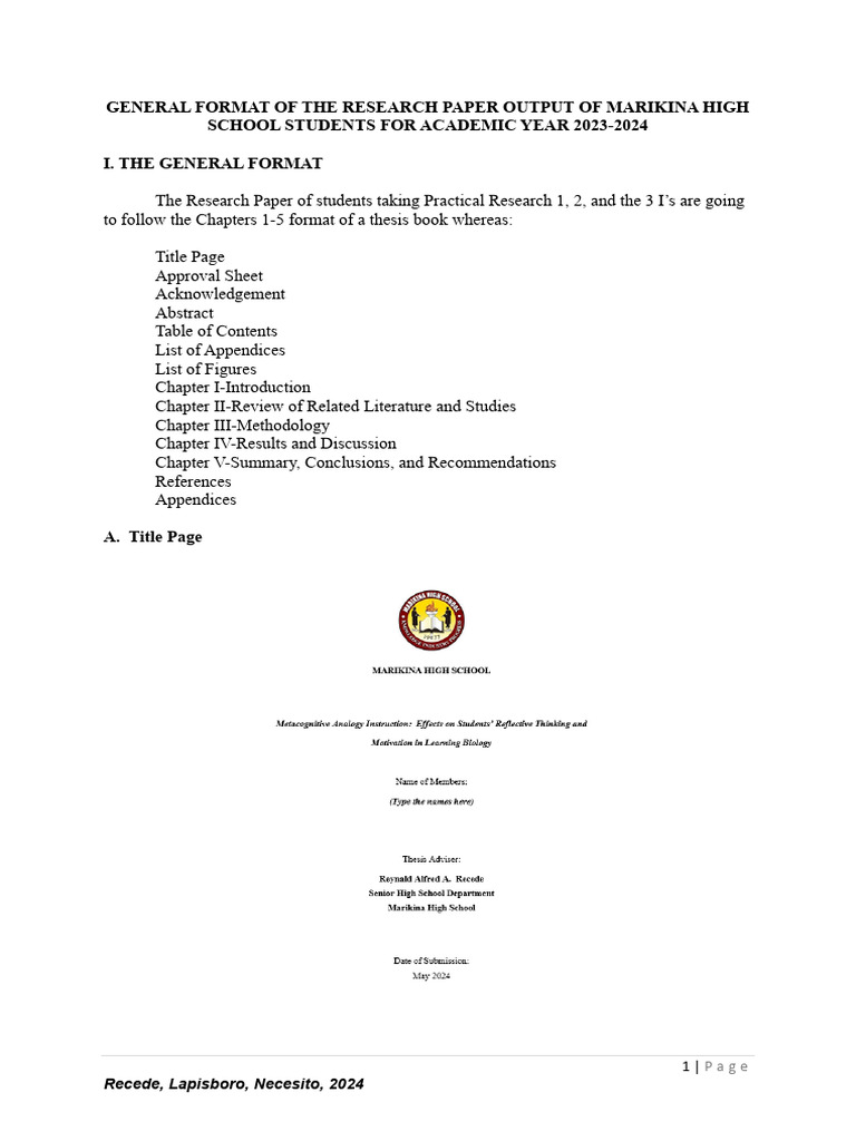 General Format of the Research Paper Output of Marikina High School for ...
