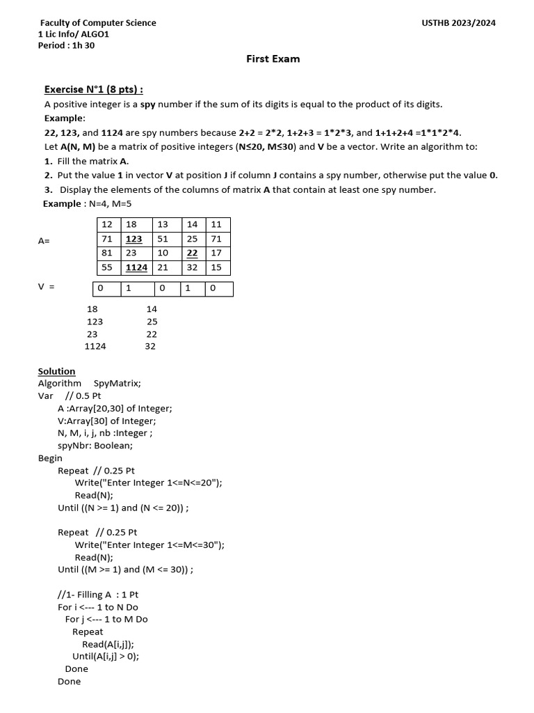 Solution First Algo Exam S1 2023 2024 | PDF | Matrix (Mathematics ...
