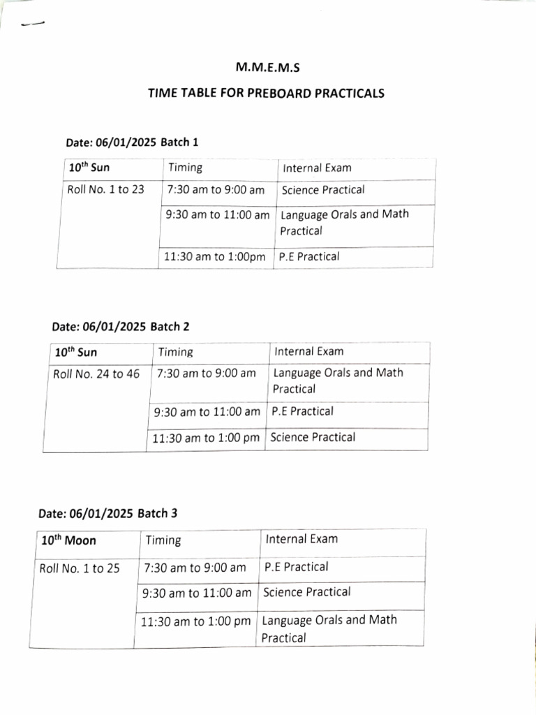 Preboard Practical Time Table | PDF