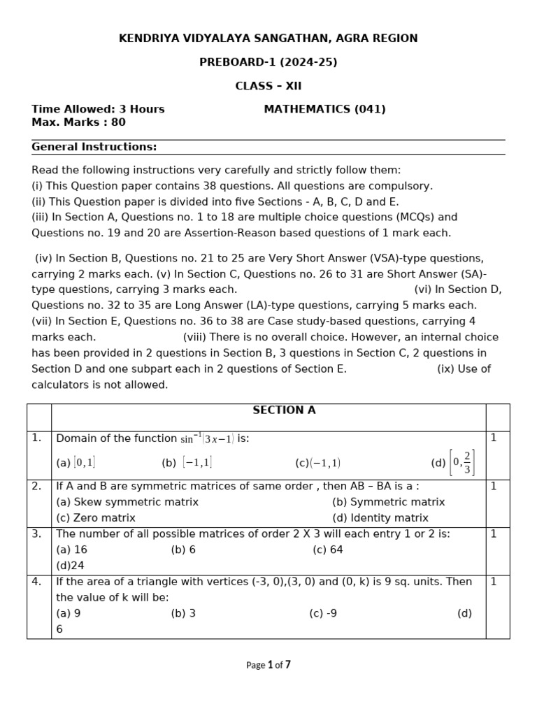 XII Maths Preboard-1 QP SET-2 (1) | PDF | Matrix (Mathematics) | Mathematical Objects