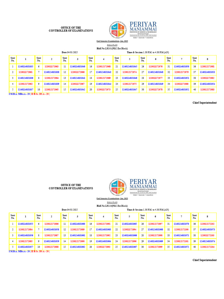 End Semester Exam Hall Plan Jan 2025 | PDF | Master Of Business ...