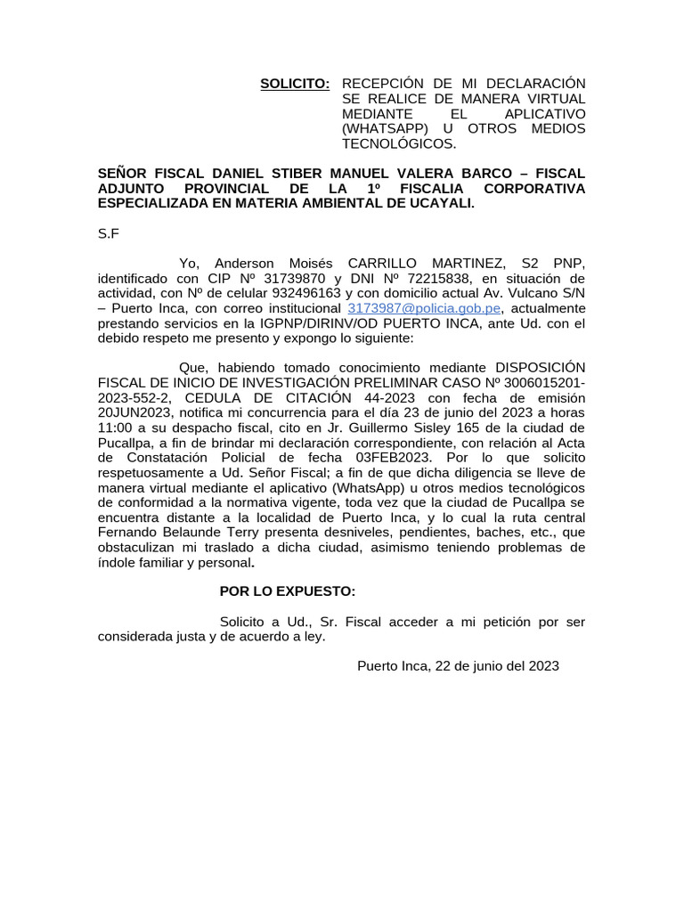 SOLICITUD DE REPROGRAMACIÓN DE DECLARACION FISCALIA HUARIACA. | PDF