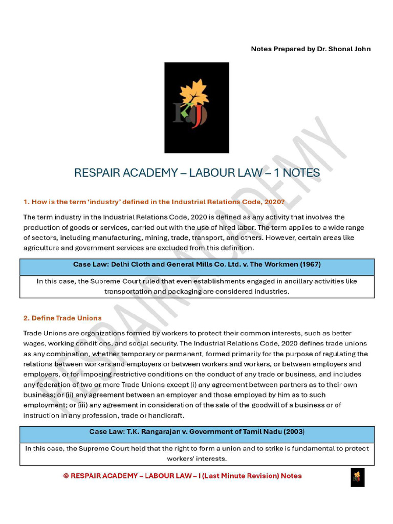 Labour Law and Industrial Relations - I | PDF