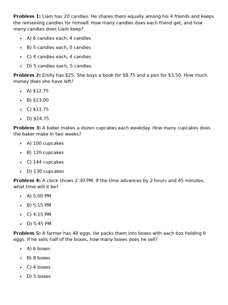Math Problems with Multiple Choice Answers | PDF