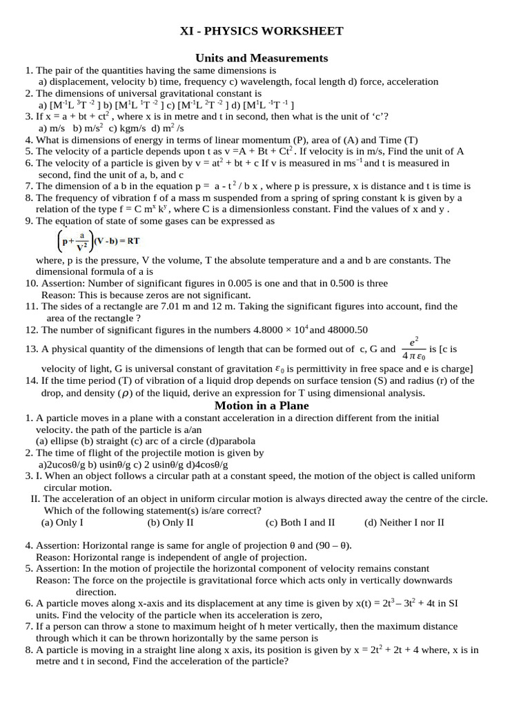 11 TH Physics Worksheet | PDF | Gases | Force