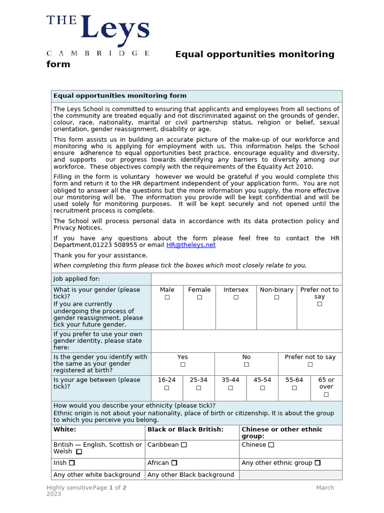 Equal Opportunities Monitoring Form 2023 | PDF | Gender Studies ...