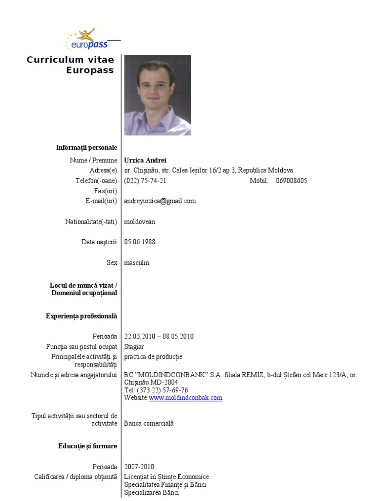 Model CV Curriculum Vitae European Romana | PDF