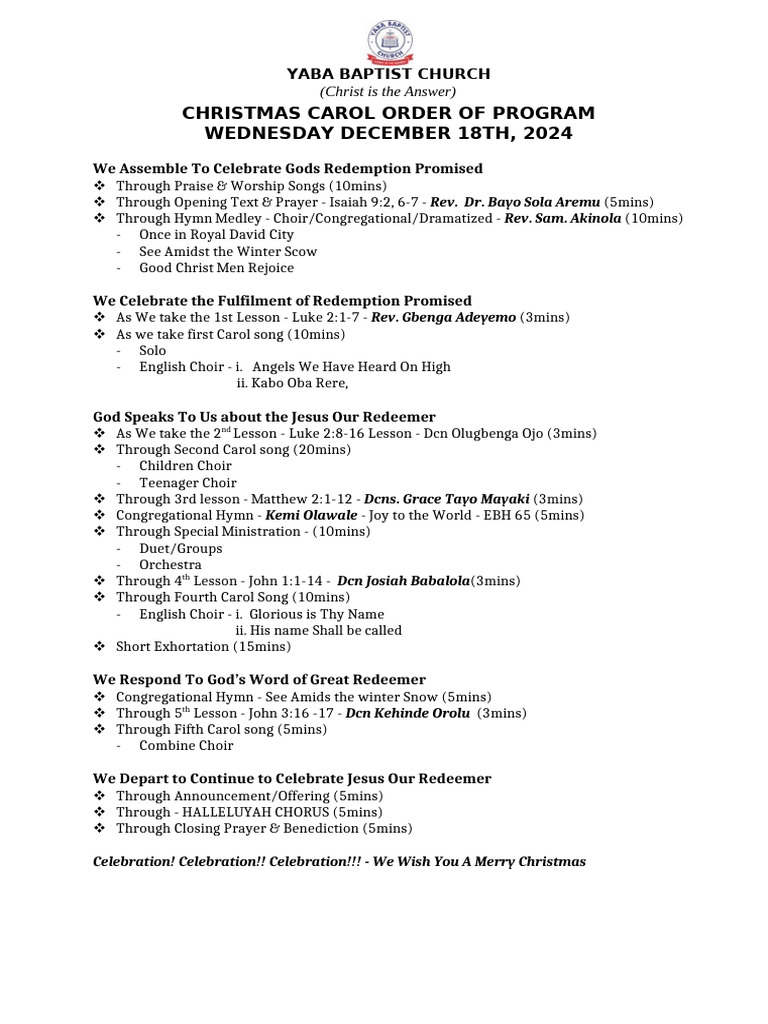 Christmas Carol Order of Program 2024 | PDF