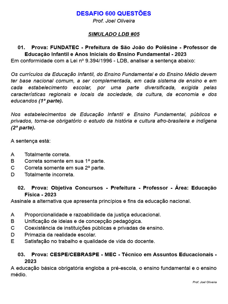 Simulado LDB 2023 #05 | PDF | Pré-escola | Desenvolvimento profissional