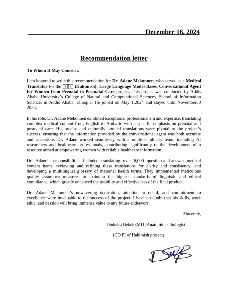 Recommendation for Dr. Adane Mekonnen | PDF
