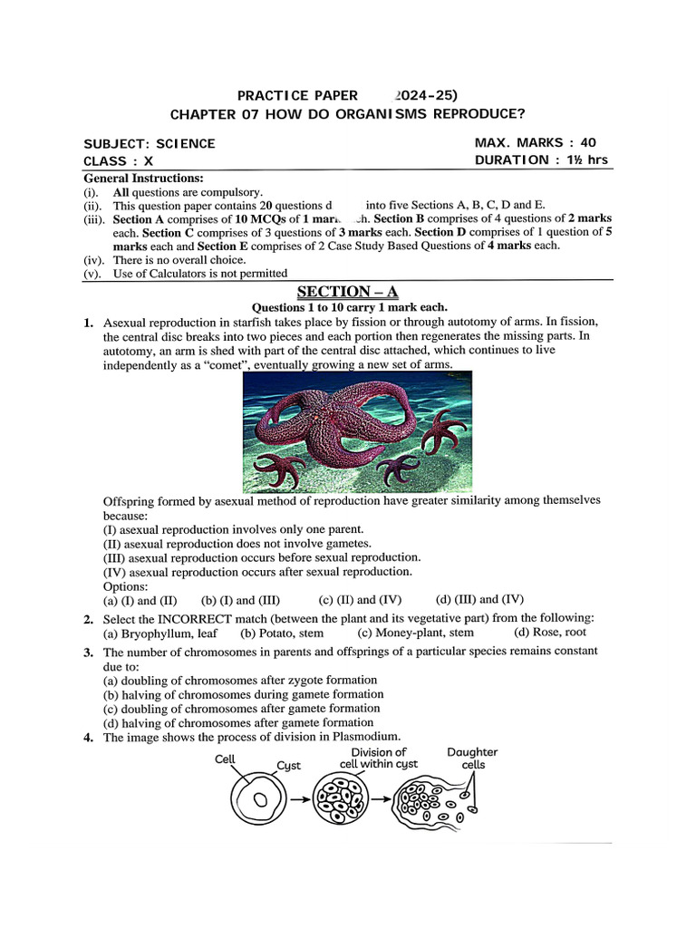 Science Class X Chapter 07 How Do Organisms Reproduce Practice Paper ...