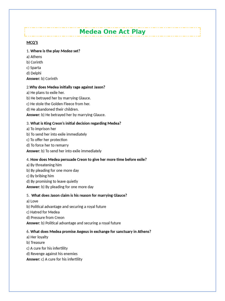 Medea Play Objective Questions | PDF | Jason