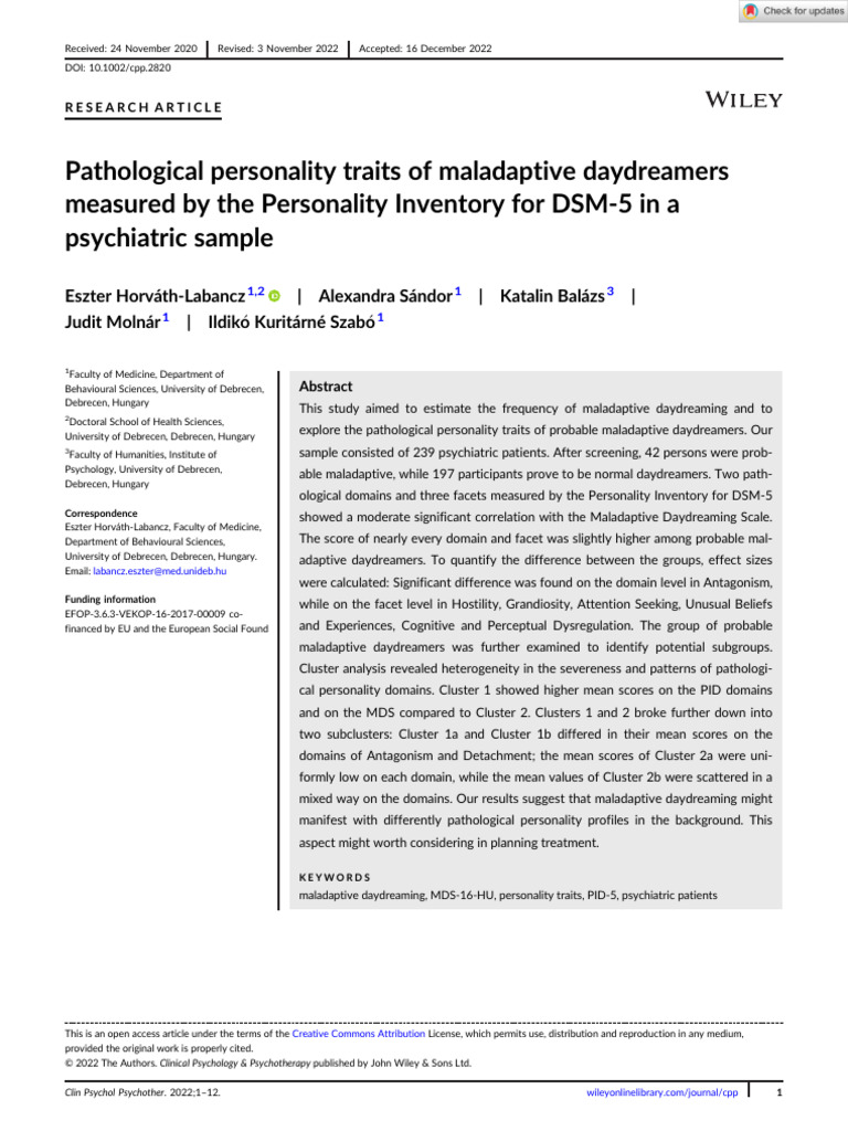 Clin Psychology and Psychoth - 2022 - Horv TH Labancz - Pathological Personality Traits of ...