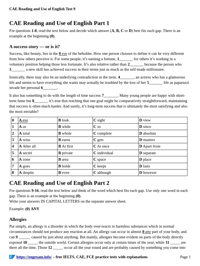 CAE Test 9 Reading and Use of English Practice (2024 edition) | PDF ...