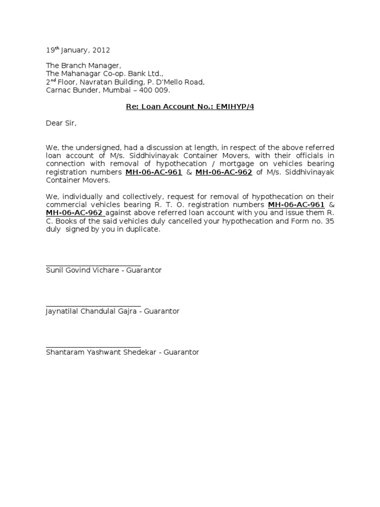 Request for Hypothecation Removal | PDF