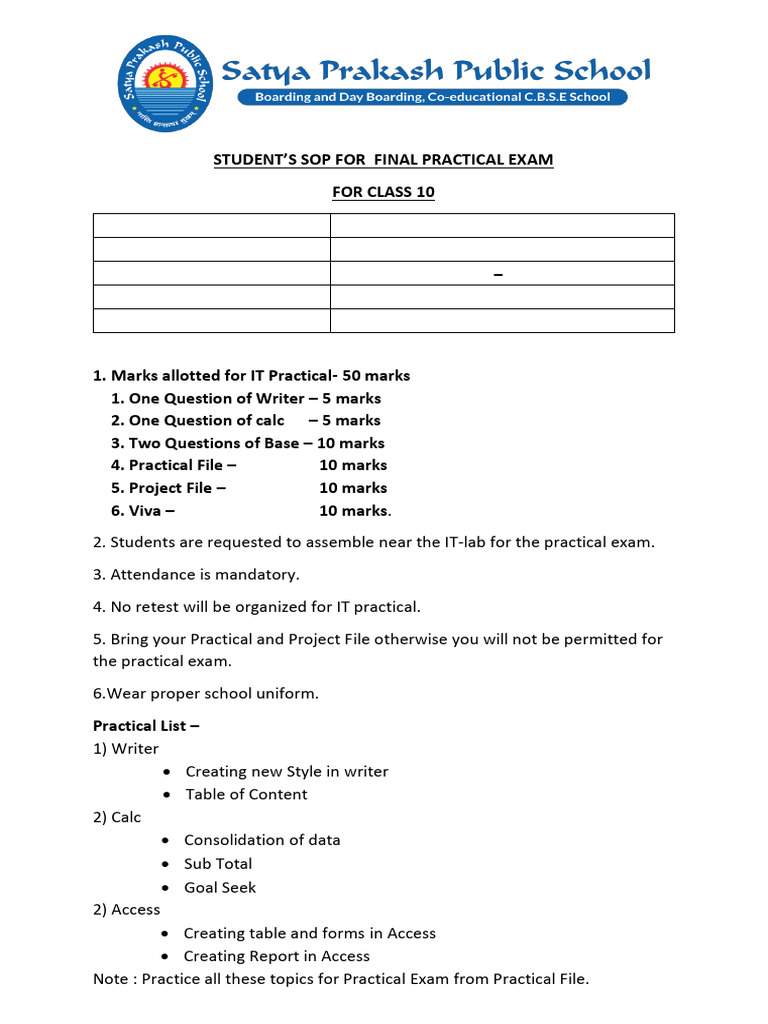 Practical Exam SOP Class 10 | PDF