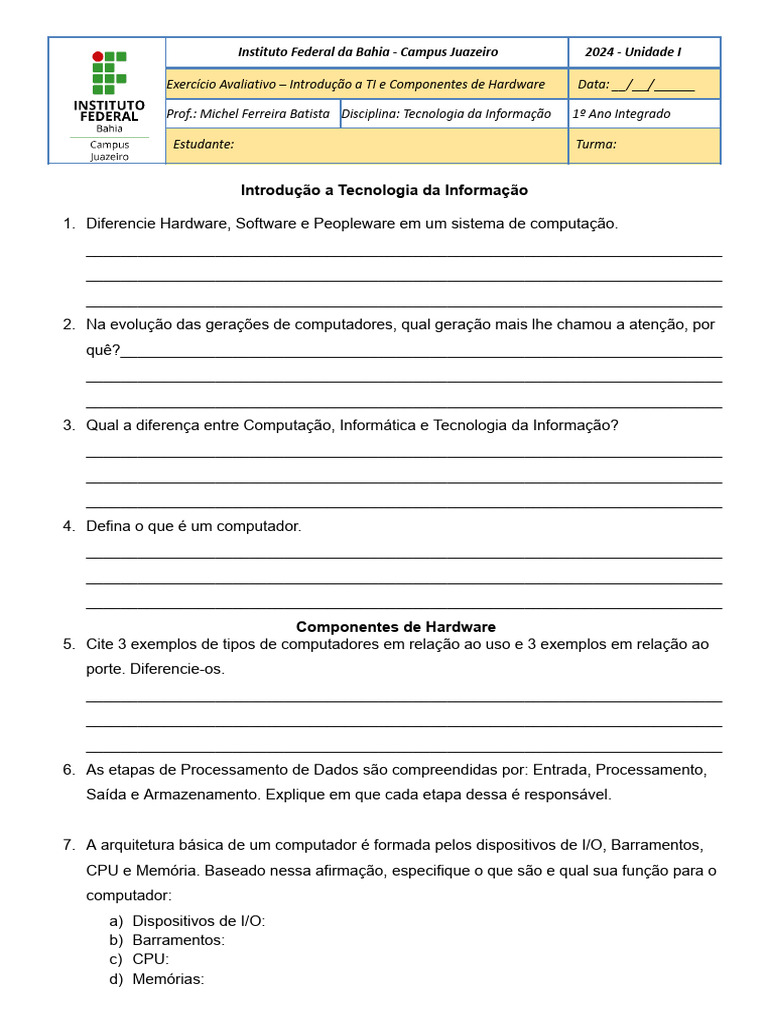 AV1.1 - Exercício Avaliativo 01 (5,0) | PDF | Armazenamento de dados de computador | Entrada/Saída