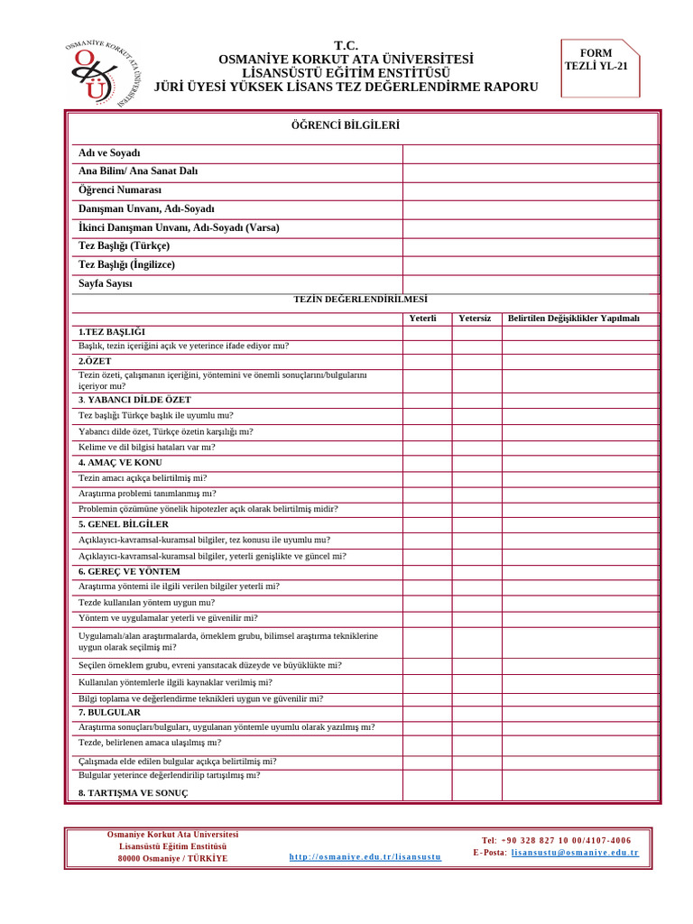 FORM TEZLİ YL-21 Jüri Üyesi Yüksek Lisans Tez Değerlendirme Formu | PDF