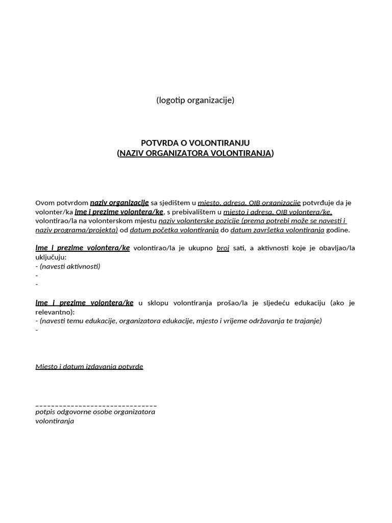 Potvrda o Volontiranju - Predložak | PDF
