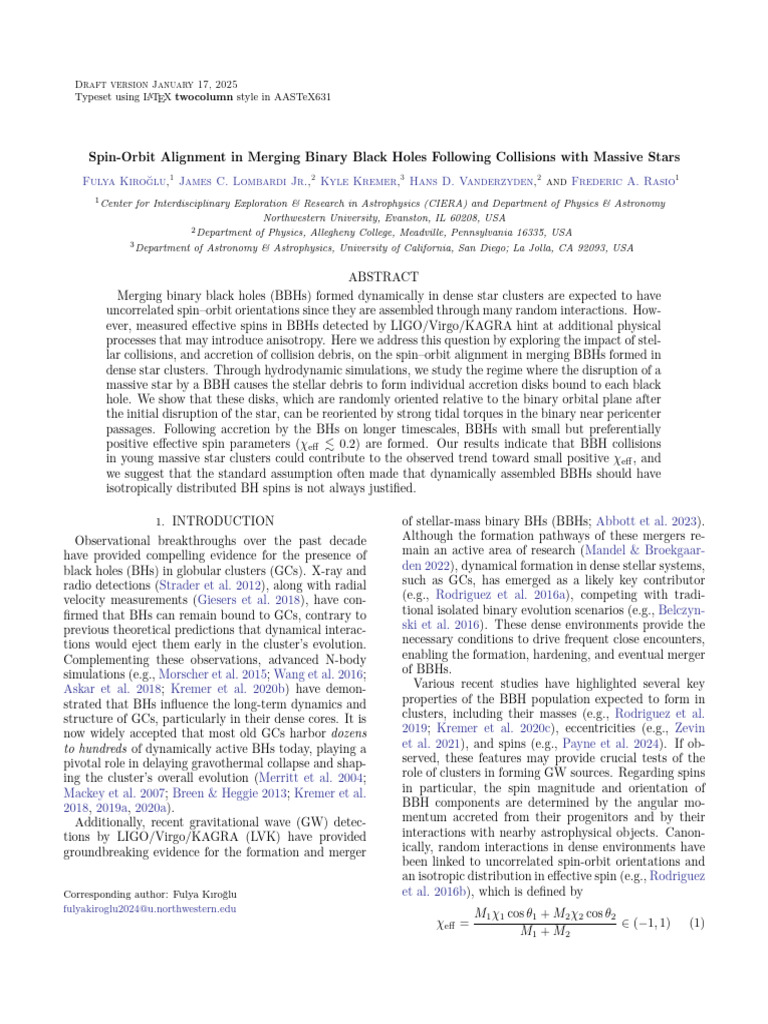Spin-Orbit Alignment in Merging Binary Black Holes Following Collisions with Massive Stars | PDF ...