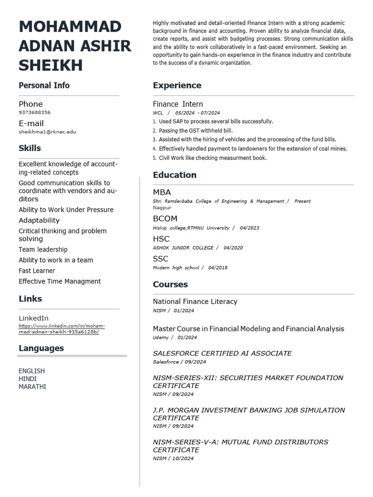 Mohammad Adnan - Sheikh - Resume 2 PDF | PDF | Learning
