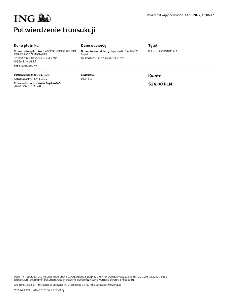 Potwierdzenie Transakcji NR 0201862027 131224 | PDF