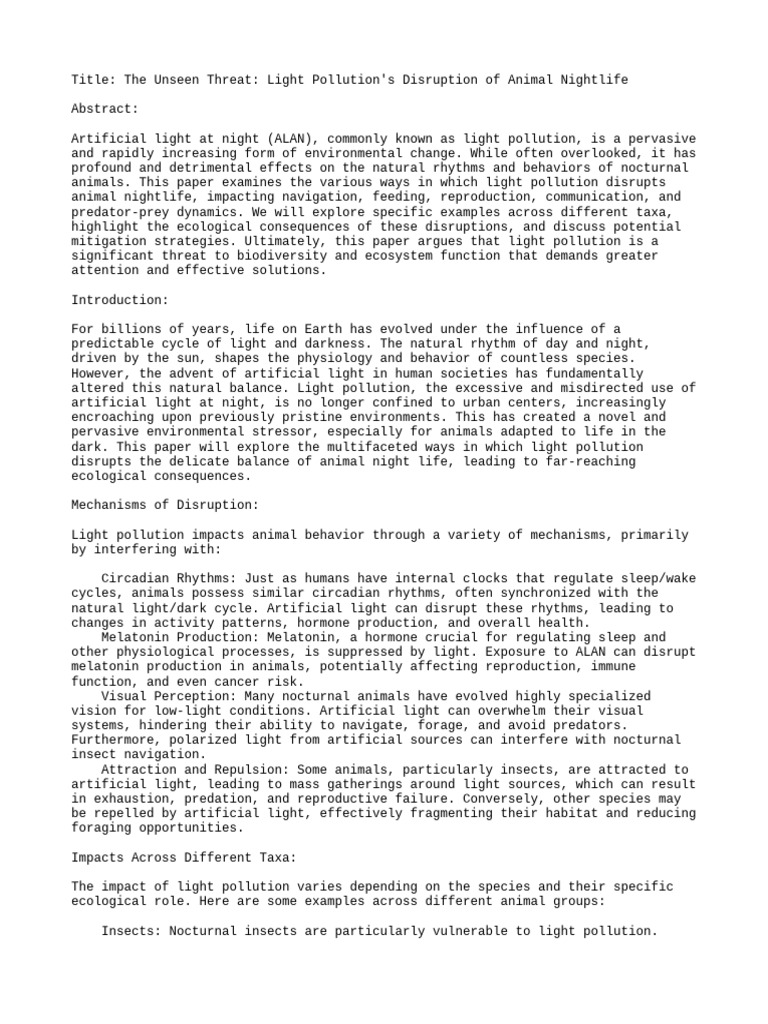 Title The Unseen Threat Light Pollu | PDF | Predation | Foraging