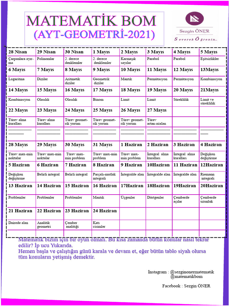 Yks Ayt Matematik Calisma Programi 2021 | PDF