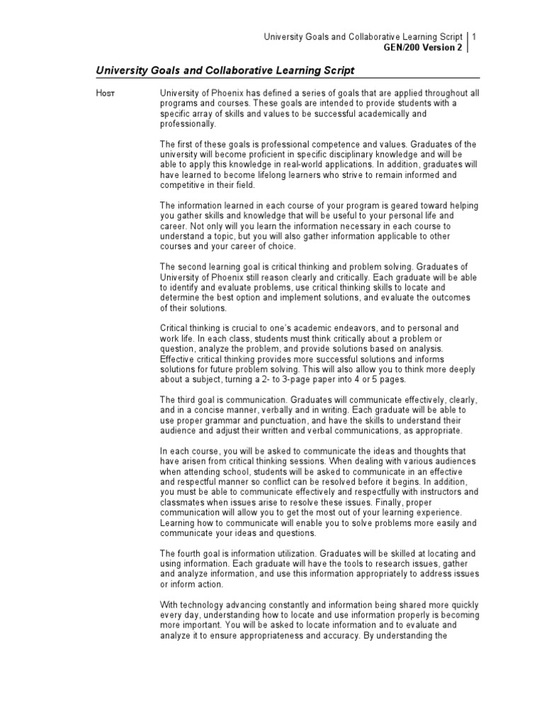 University Goals and Collaborative Learning Script: GEN/200 Version 2 ...